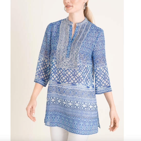 Chico's | Tops | Chicos Petite Blue Mixed Print Silver Sequin ...